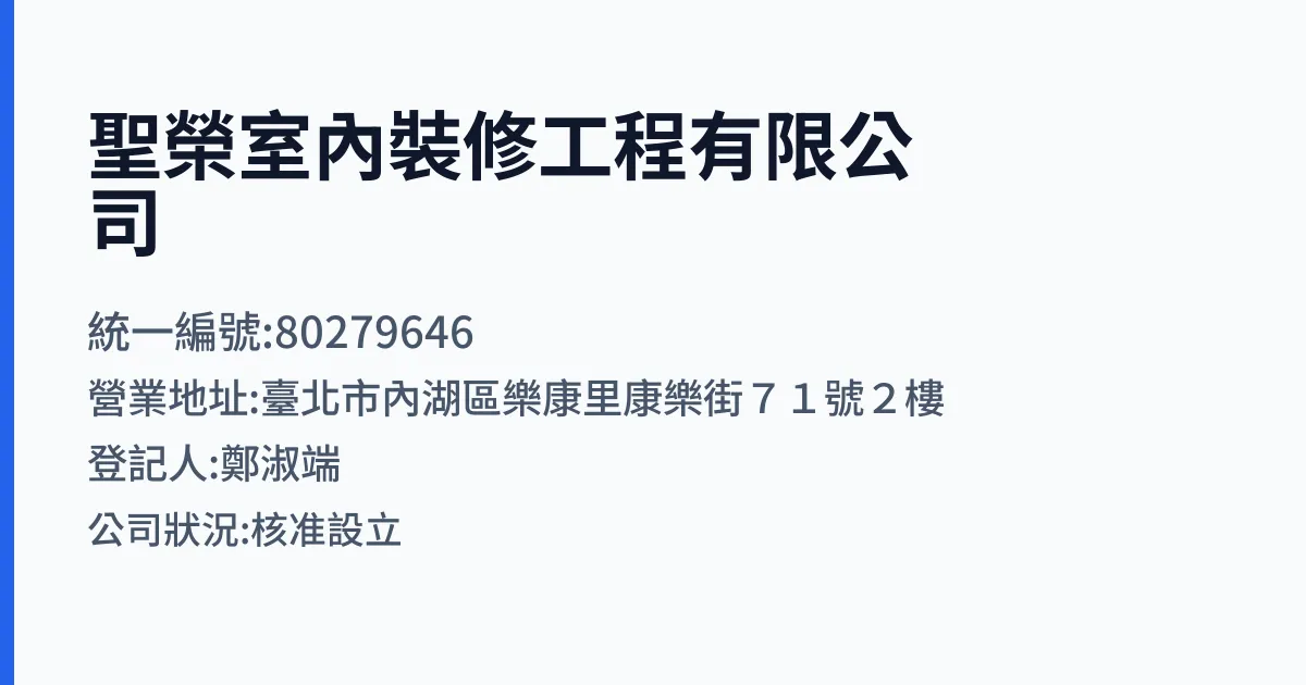 聖榮室內裝修工程有限公司 - 統編 80279646(臺北市) 公司登記資料與營業項目詳細圖表