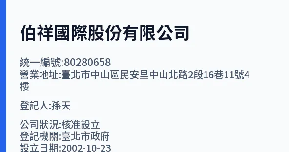 伯祥國際股份有限公司的照片-統編 80280658(臺北市) 公司登記資料與營業項目詳細圖表