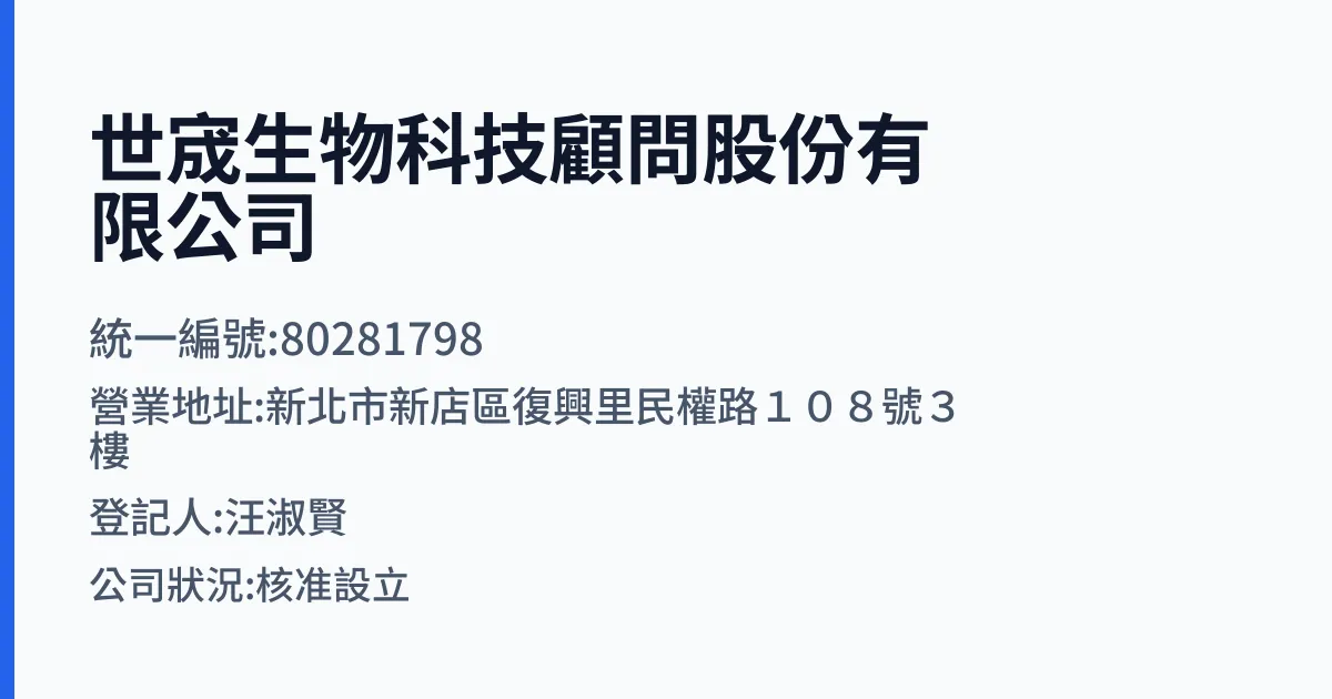 世宬生物科技顧問股份有限公司 - 統編 80281798(新北市) 公司登記資料與營業項目詳細圖表