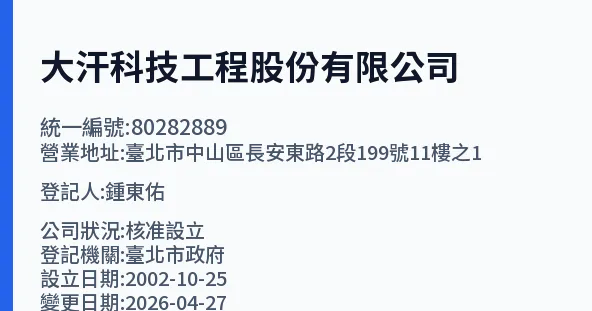 大汗科技工程股份有限公司的照片-統編 80282889(臺北市) 公司登記資料與營業項目詳細圖表
