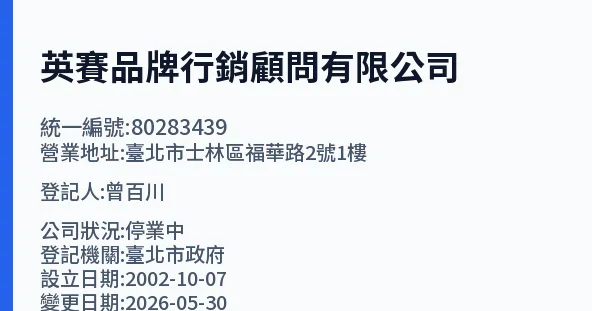 英賽品牌行銷顧問有限公司的照片-統編 80283439(臺北市) 公司登記資料與營業項目詳細圖表