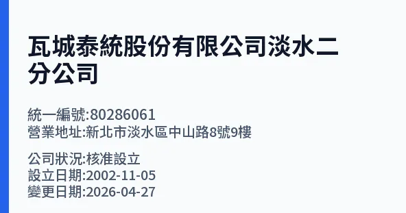 瓦城泰統股份有限公司淡水二分公司的照片-統編 80286061(新北市) 公司登記資料與營業項目詳細圖表