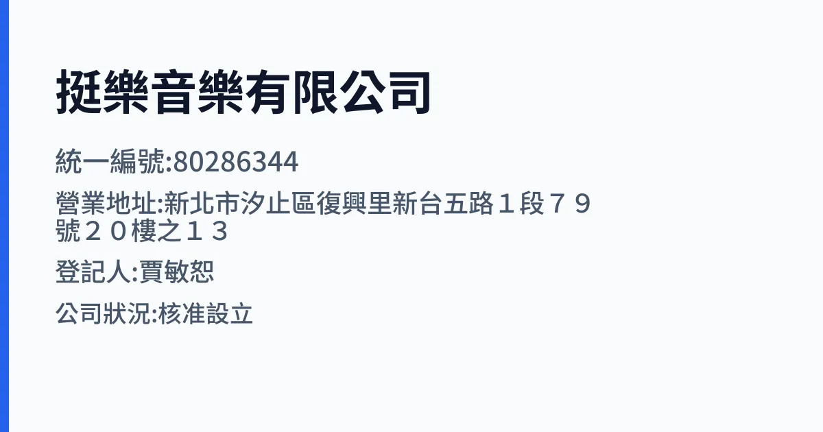 挺樂音樂有限公司 - 統編 80286344(新北市) 公司登記資料與營業項目詳細圖表