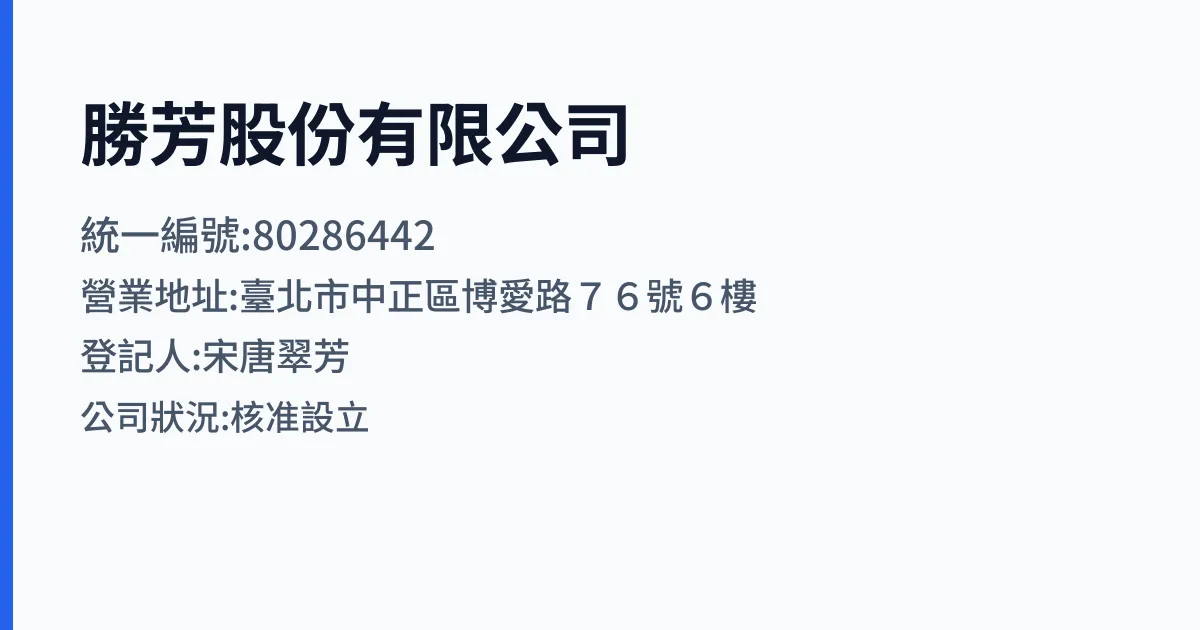 勝芳股份有限公司 - 統編 80286442(臺北市) 公司登記資料與營業項目詳細圖表