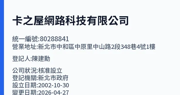 卡之屋網路科技有限公司的照片-統編 80288841(新北市) 公司登記資料與營業項目詳細圖表