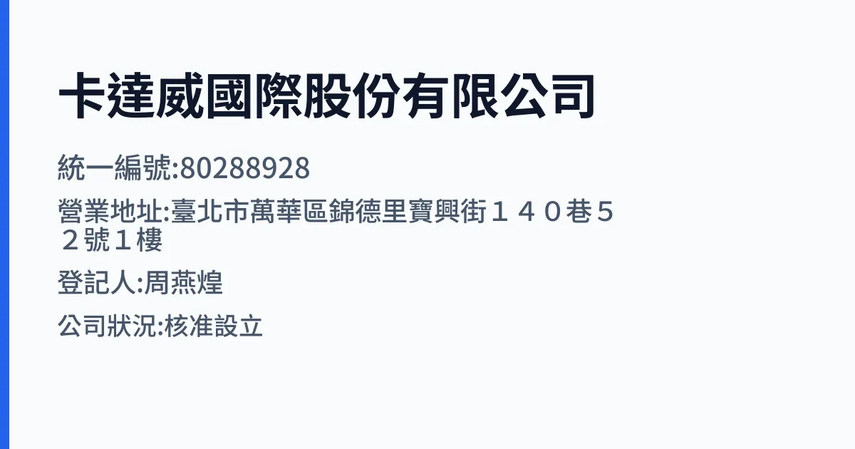 卡達威國際股份有限公司 - 統編 80288928(臺北市) 公司登記資料與營業項目詳細圖表