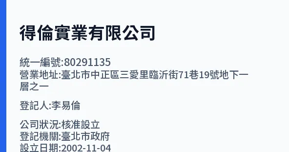 得倫實業有限公司的照片-統編 80291135(臺北市) 公司登記資料與營業項目詳細圖表