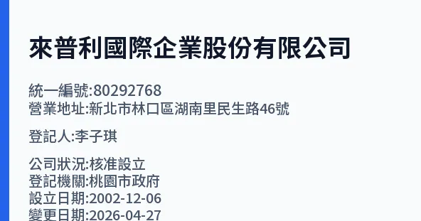 來普利國際企業股份有限公司的照片-統編 80292768(新北市) 公司登記資料與營業項目詳細圖表