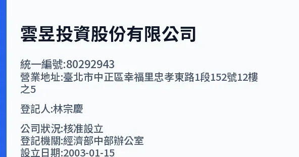 雲昱投資股份有限公司的照片-統編 80292943(臺北市) 公司登記資料與營業項目詳細圖表