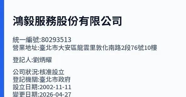 鴻毅服務股份有限公司的照片-統編 80293513(臺北市) 公司登記資料與營業項目詳細圖表
