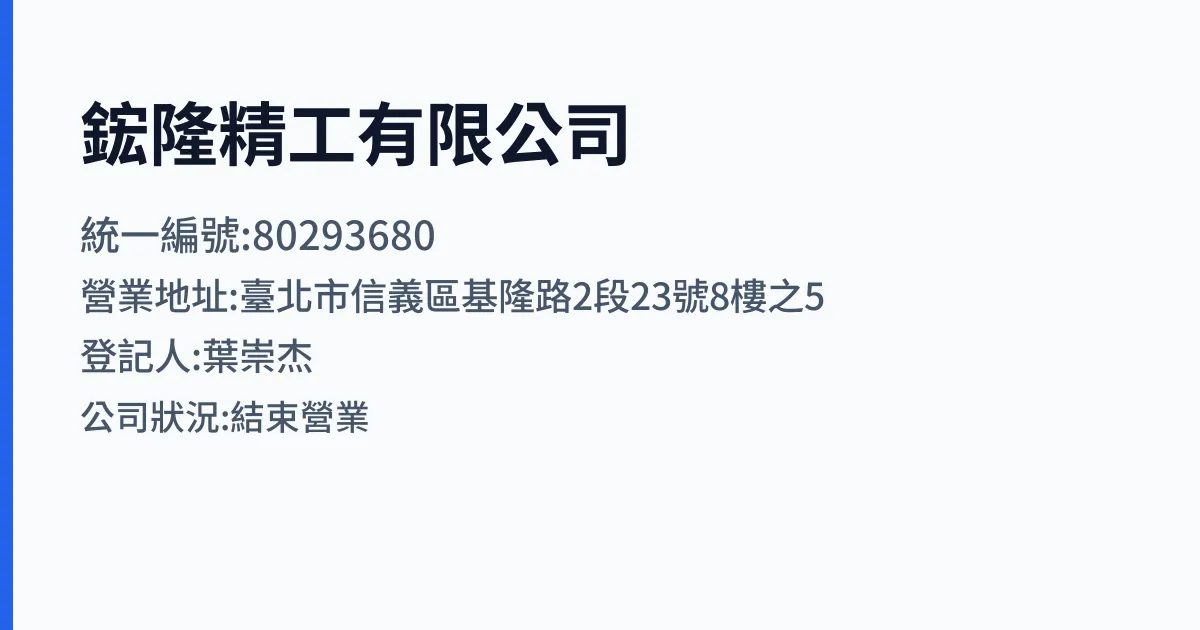 鋐隆精工有限公司 - 統編 80293680(臺北市) 公司登記資料與營業項目詳細圖表