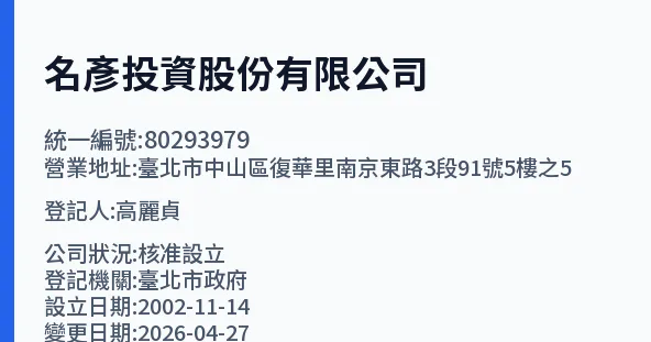 名彥投資股份有限公司的照片-統編 80293979(臺北市) 公司登記資料與營業項目詳細圖表