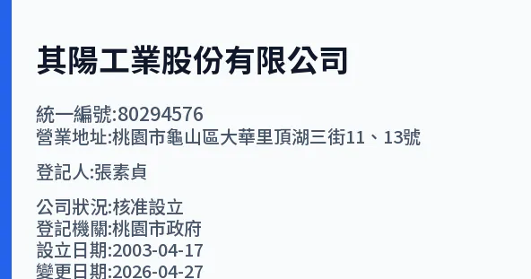 其陽工業股份有限公司的照片-統編 80294576(桃園市) 公司登記資料與營業項目詳細圖表