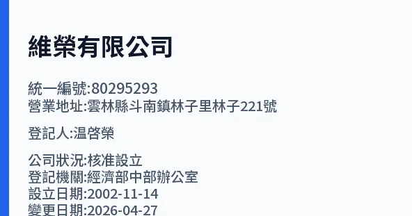 維榮有限公司的照片-統編 80295293(雲林縣) 公司登記資料與營業項目詳細圖表