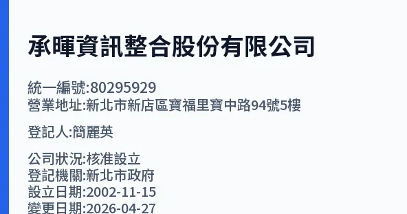 承暉資訊整合股份有限公司的照片-統編 80295929(新北市) 公司登記資料與營業項目詳細圖表