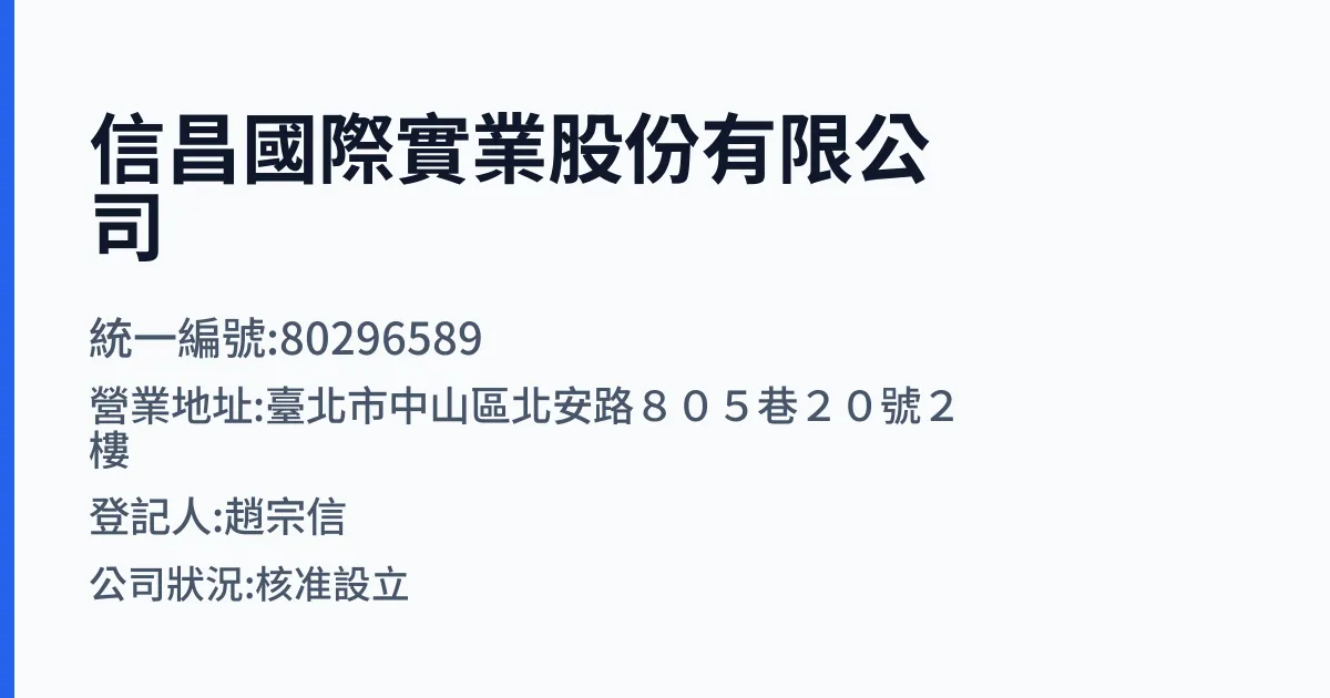 信昌國際實業股份有限公司 - 統編 80296589(臺北市) 公司登記資料與營業項目詳細圖表