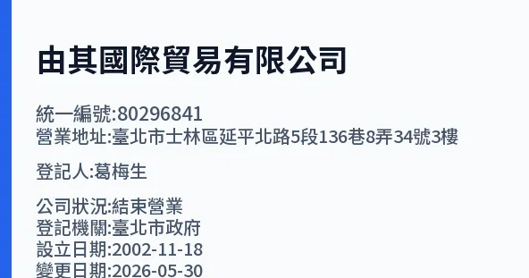 由其國際貿易有限公司的照片-統編 80296841(臺北市) 公司登記資料與營業項目詳細圖表