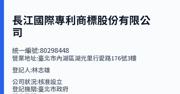長江國際專利商標股份有限公司的照片-統編 80298448(臺北市) 公司登記資料與營業項目詳細圖表