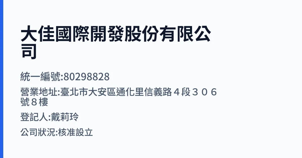大佳國際開發股份有限公司 - 統編 80298828(臺北市) 公司登記資料與營業項目詳細圖表