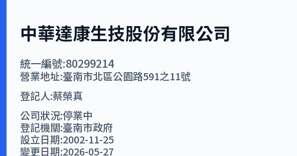 中華達康生技股份有限公司的照片-統編 80299214(臺南市) 公司登記資料與營業項目詳細圖表