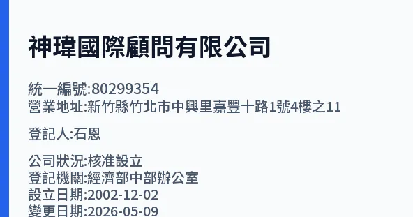 神瑋國際顧問有限公司的照片-統編 80299354(新竹縣) 公司登記資料與營業項目詳細圖表