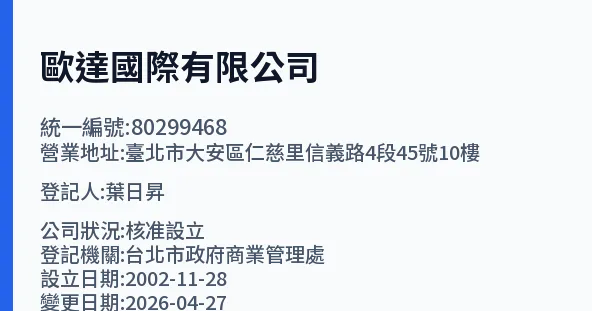 歐達國際有限公司的照片-統編 80299468(臺北市) 公司登記資料與營業項目詳細圖表