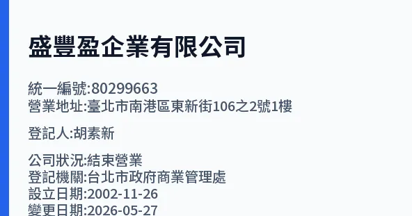 盛豐盈企業有限公司的照片-統編 80299663(臺北市) 公司登記資料與營業項目詳細圖表