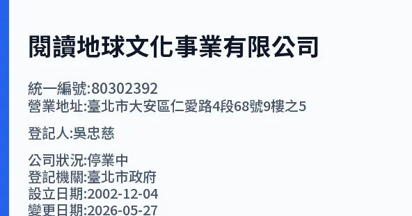 閱讀地球文化事業有限公司的照片-統編 80302392(臺北市) 公司登記資料與營業項目詳細圖表