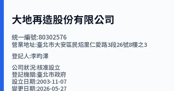 大地再造股份有限公司的照片-統編 80302576(臺北市) 公司登記資料與營業項目詳細圖表