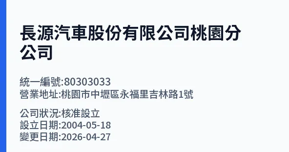 長源汽車股份有限公司桃園分公司的照片-統編 80303033(桃園市) 公司登記資料與營業項目詳細圖表