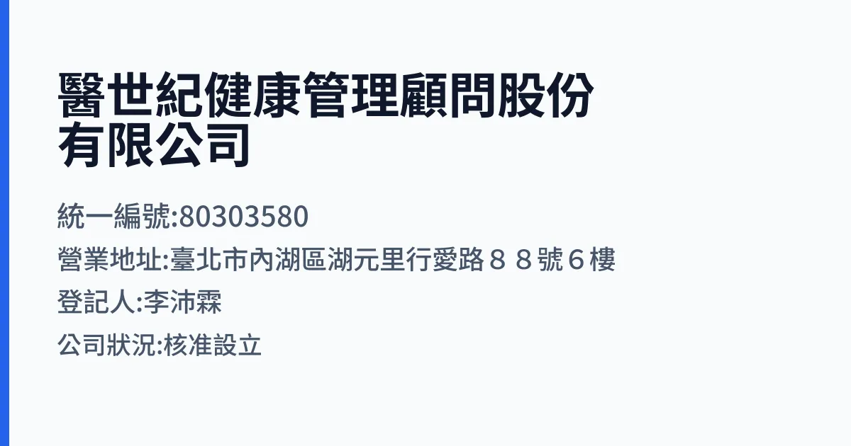 醫世紀健康管理顧問股份有限公司 - 統編 80303580(臺北市) 公司登記資料與營業項目詳細圖表