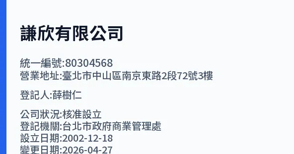 謙欣有限公司的照片-統編 80304568(臺北市) 公司登記資料與營業項目詳細圖表