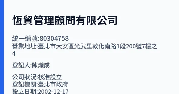 恆貿管理顧問有限公司的照片-統編 80304758(臺北市) 公司登記資料與營業項目詳細圖表