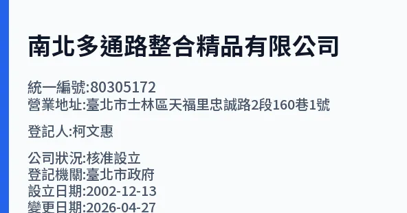 南北多通路整合精品有限公司的照片-統編 80305172(臺北市) 公司登記資料與營業項目詳細圖表