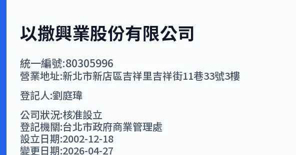以撒興業股份有限公司的照片-統編 80305996(新北市) 公司登記資料與營業項目詳細圖表