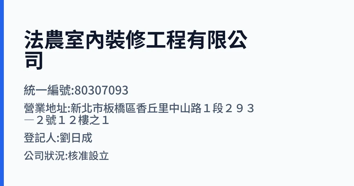 法農室內裝修工程有限公司 - 統編 80307093(新北市) 公司登記資料與營業項目詳細圖表