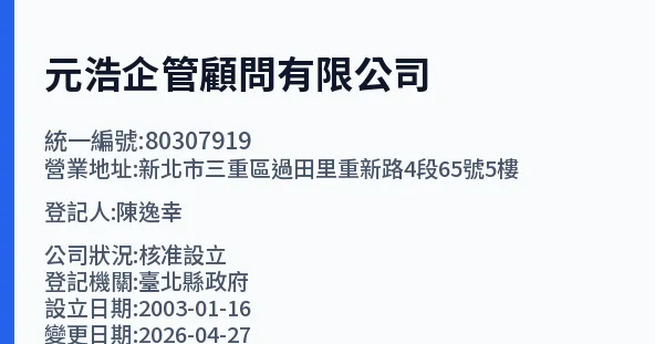 元浩企管顧問有限公司的照片-統編 80307919(新北市) 公司登記資料與營業項目詳細圖表
