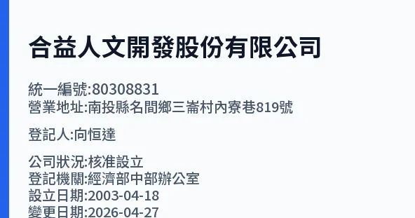合益人文開發股份有限公司的照片-統編 80308831(南投縣) 公司登記資料與營業項目詳細圖表