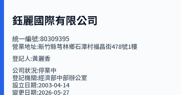 鈺麗國際有限公司的照片-統編 80309395(新竹縣) 公司登記資料與營業項目詳細圖表