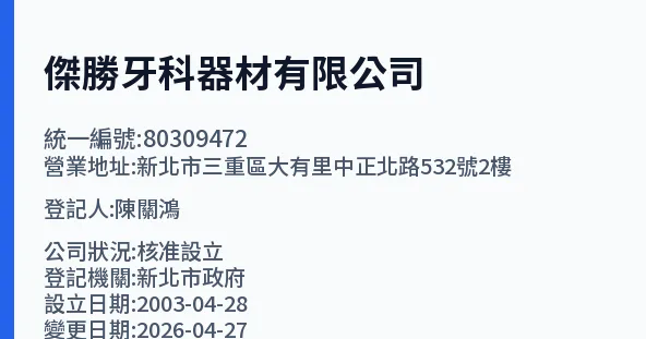 傑勝牙科器材有限公司的照片-統編 80309472(新北市) 公司登記資料與營業項目詳細圖表
