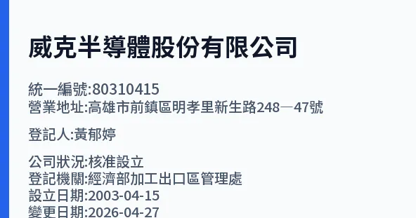 威克半導體股份有限公司的照片-統編 80310415(高雄市) 公司登記資料與營業項目詳細圖表