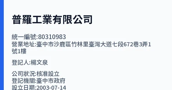 普羅工業有限公司的照片-統編 80310983(臺中市) 公司登記資料與營業項目詳細圖表