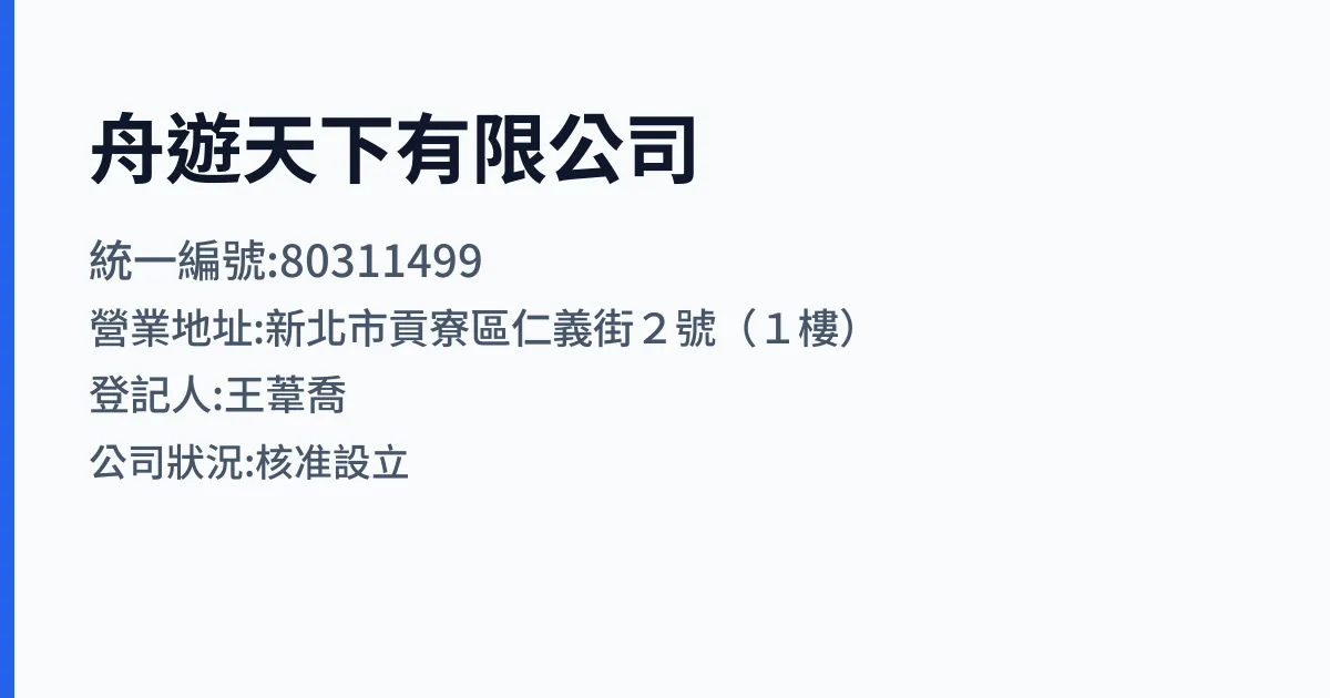 舟遊天下有限公司 - 統編 80311499(新北市) 公司登記資料與營業項目詳細圖表