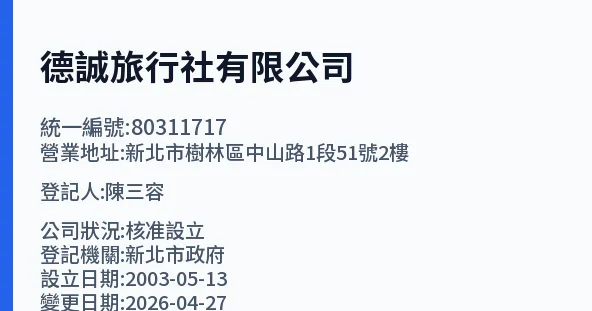 德誠旅行社有限公司的照片-統編 80311717(新北市) 公司登記資料與營業項目詳細圖表