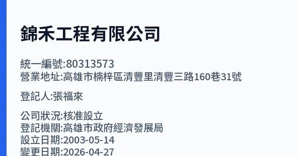 錦禾工程有限公司的照片-統編 80313573(高雄市) 公司登記資料與營業項目詳細圖表
