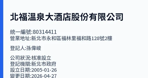 北福溫泉大酒店股份有限公司的照片-統編 80314411(新北市) 公司登記資料與營業項目詳細圖表