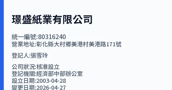 璟盛紙業有限公司的照片-統編 80316240(彰化縣) 公司登記資料與營業項目詳細圖表