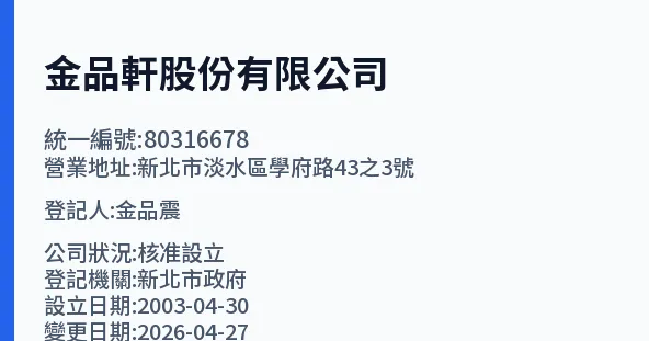 金品軒股份有限公司的照片-統編 80316678(新北市) 公司登記資料與營業項目詳細圖表