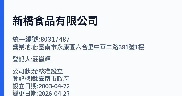 新橋食品有限公司的照片-統編 80317487(臺南市) 公司登記資料與營業項目詳細圖表
