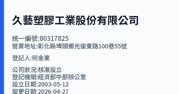 久藝塑膠工業股份有限公司的照片-統編 80317825(彰化縣) 公司登記資料與營業項目詳細圖表